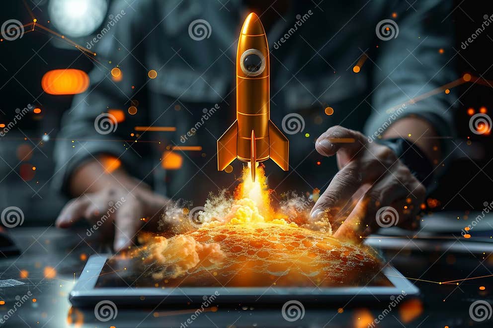 Innovative Start Up Concept Person Using Tablet with Rocket Symbol for ...