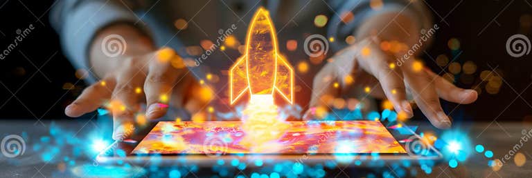 Innovative Startup Concept Individual Using Tablet Displaying Rocket ...
