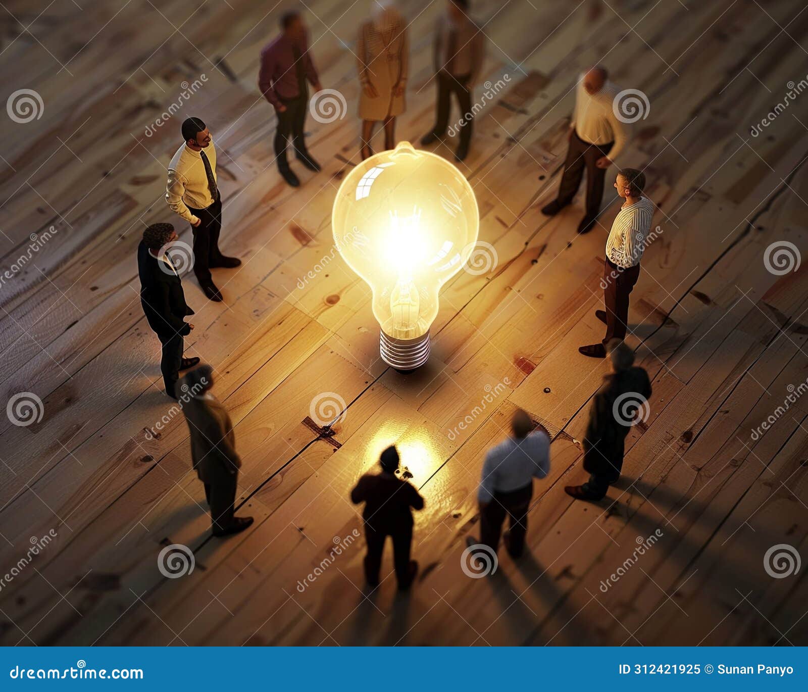 Innovative Team Interacting with 3D Idea Bulb, Eyelevel, Warm Light ...