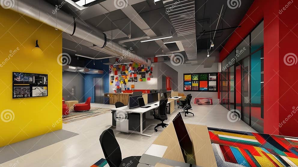 Innovative Tech Office with Open Layouts and Creative Collaborative Zones Stock Illustration ...