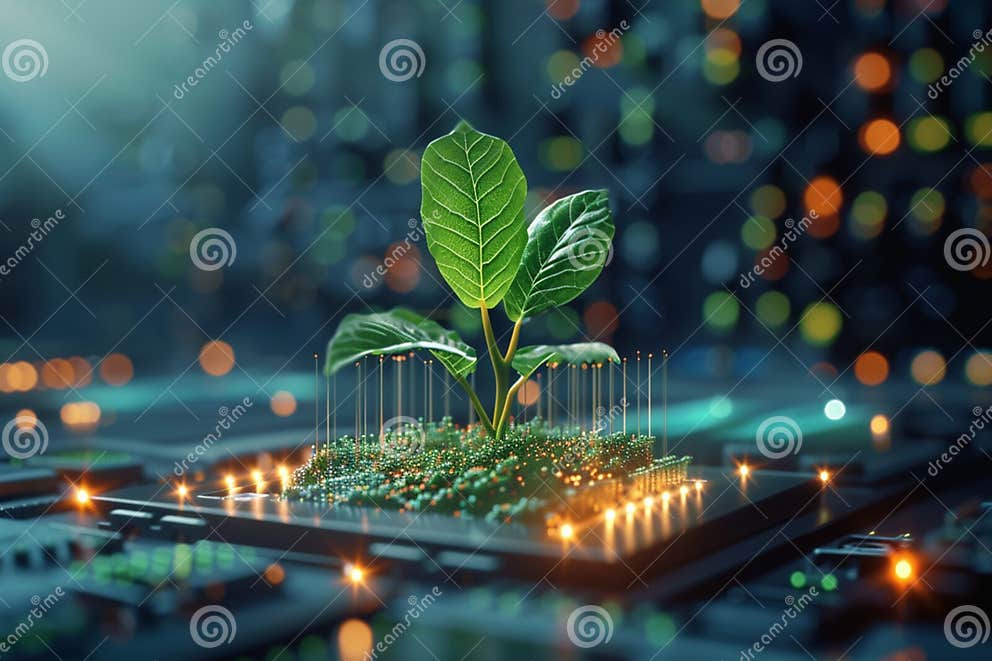 Innovative Tech Plant Sprouts from Computer, Representing Digital ...