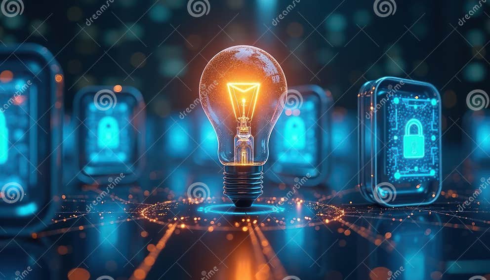 Innovative Tech Solution for Cybersecurity. Glowing Light Bulb Security ...