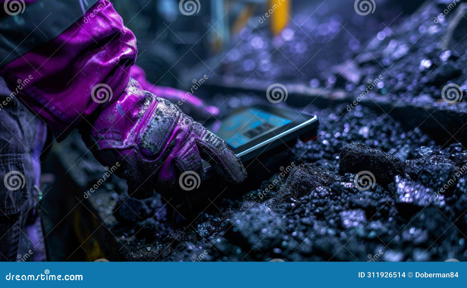 Innovative Technology in Coal Mining: Hand with Smart Device Close-up ...