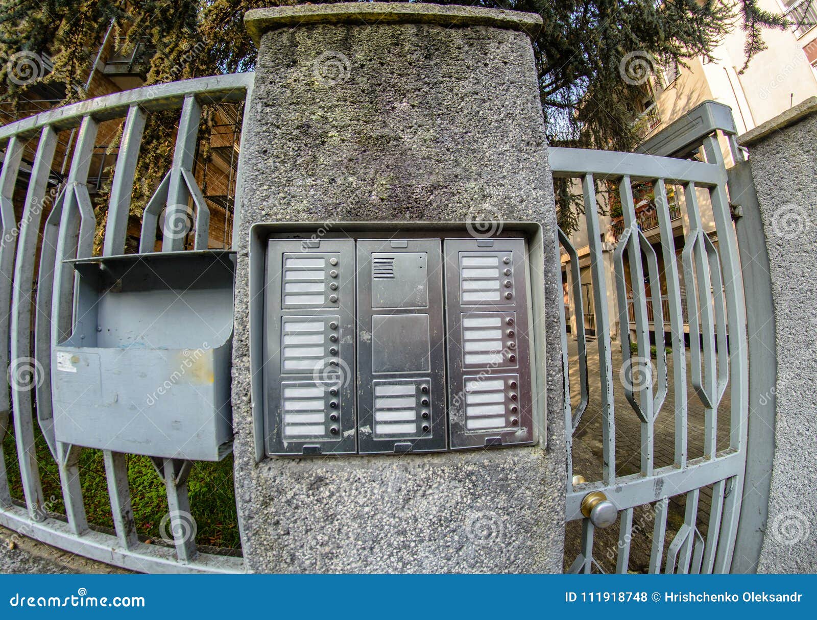 Input Iron Gate and Pillar on Which the Intercom. Stock Photo - Image ...