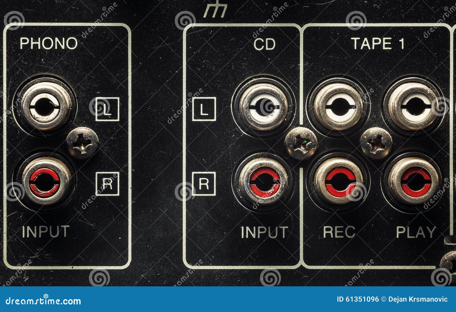 Inputs on an old Amplifier stock photo. Image of design - 61351096