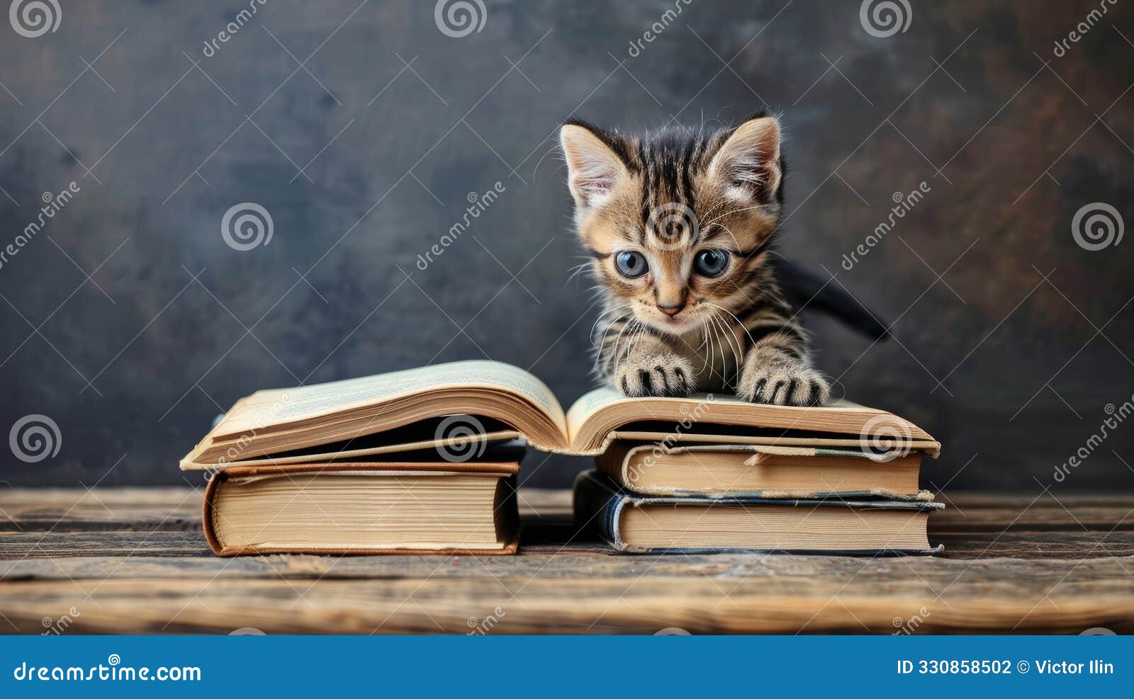 Inquisitive Kitten Reading an Open Book on a Wooden Table, Engaging ...