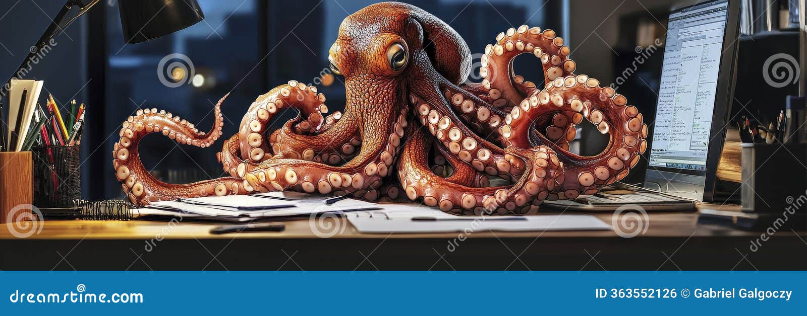 Inquisitive Octopus Multitasks On A Lively Desk Stock Photo ...