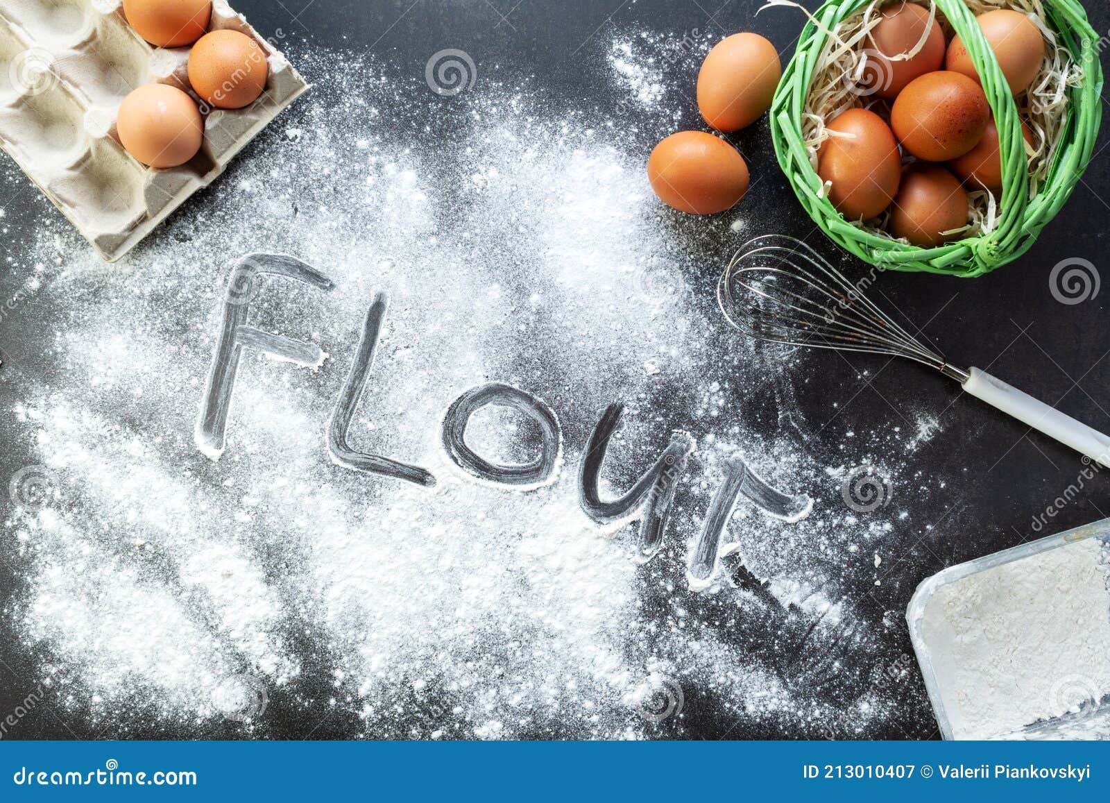 The Inscription Flour, on a Dark Background, the Word Flour, with Eggs ...