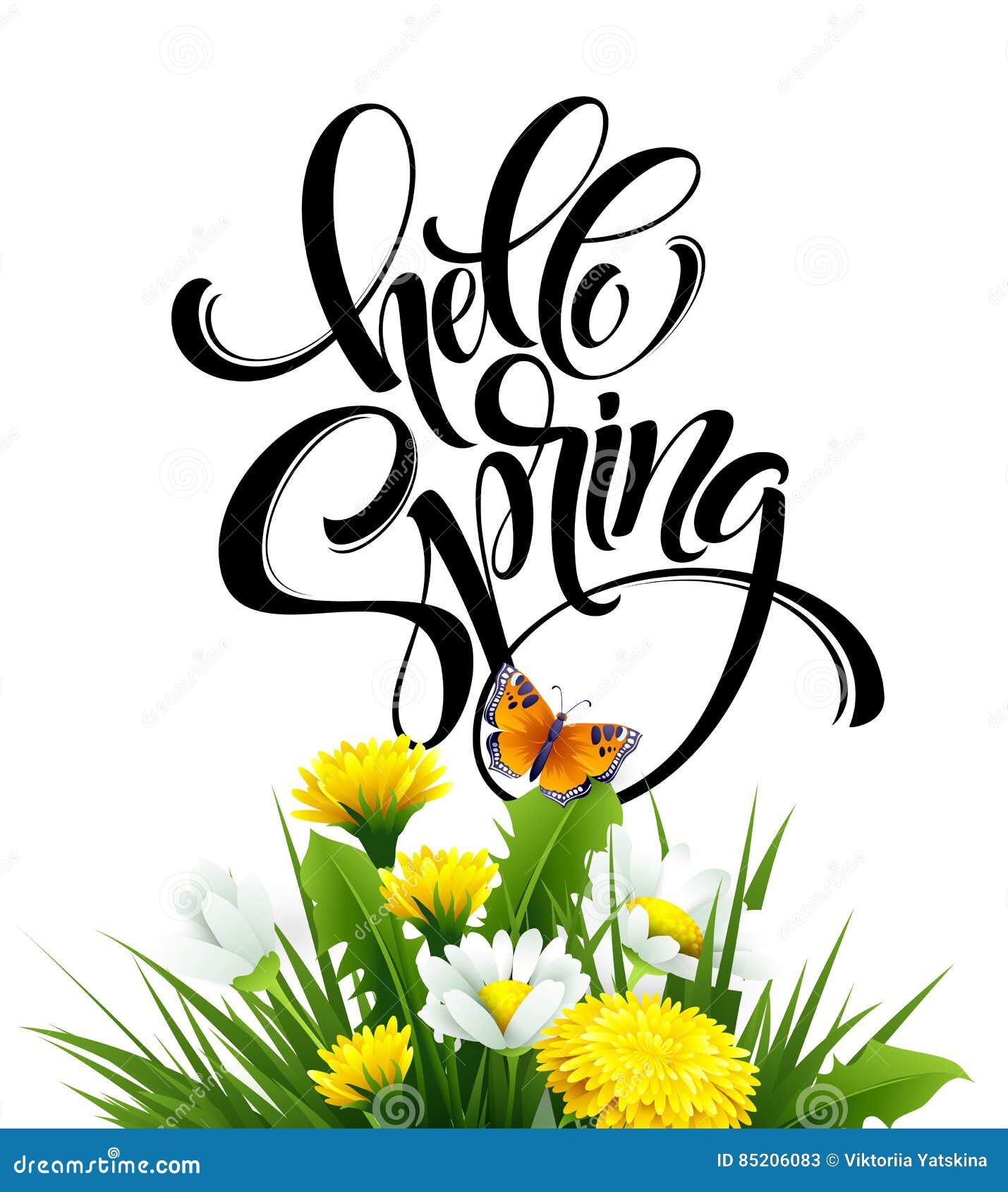 Inscription Hello Spring Hand Lettering on Background with Flowers ...