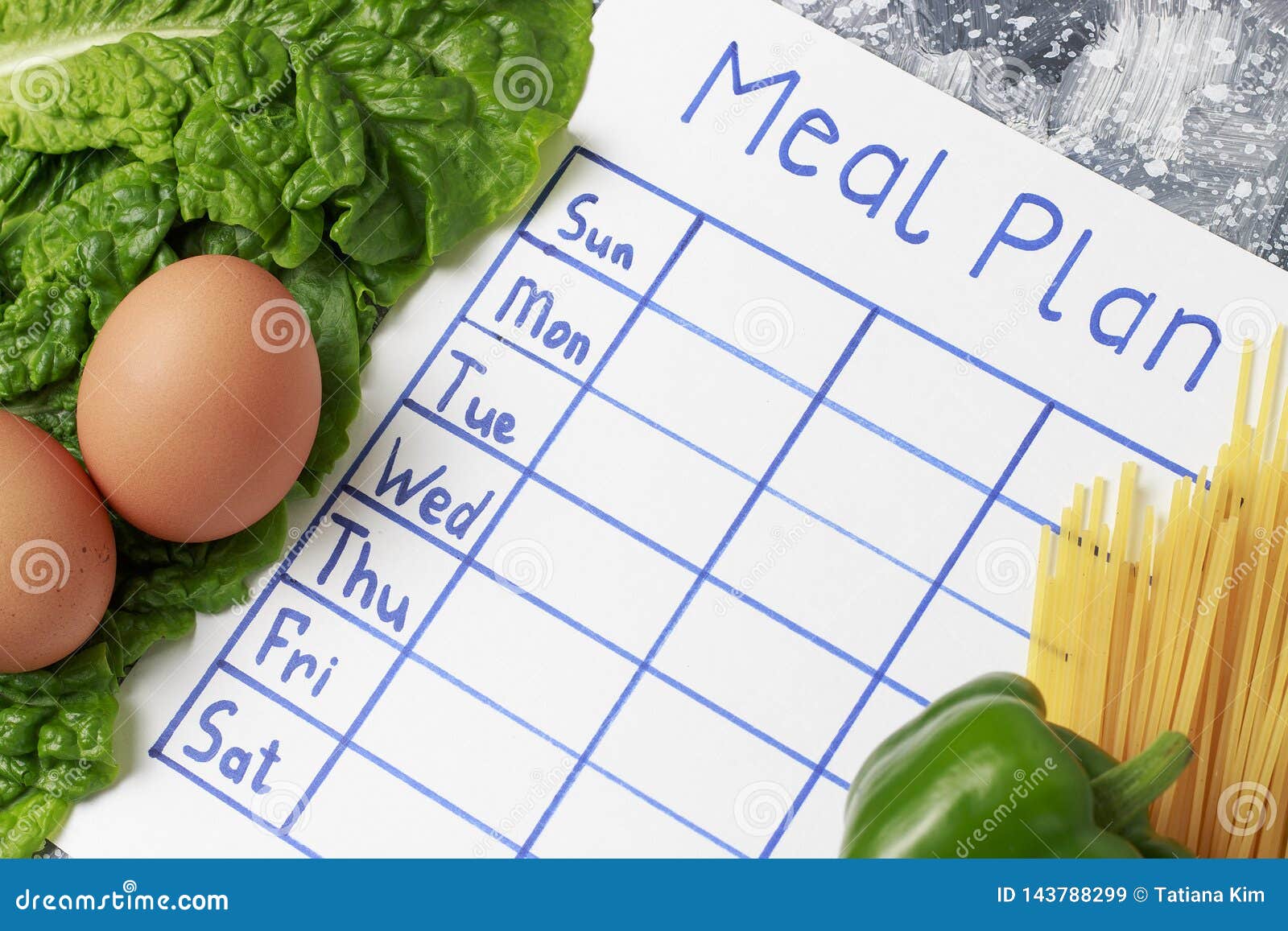 Inscription Meal Plan, Schedule on White Sheet and Salad. View from ...
