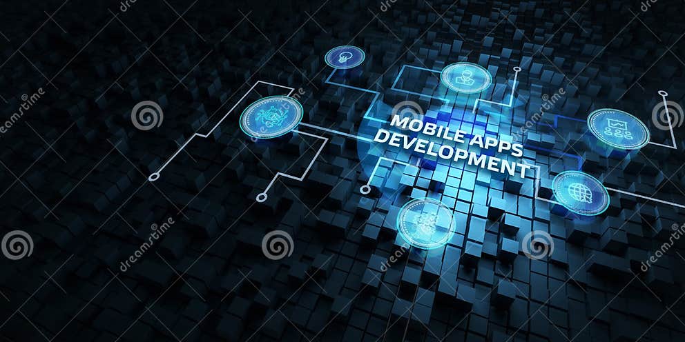 Inscription MOBILE APPS DEVELOPMENT on the Virtual Display. Cloud ...