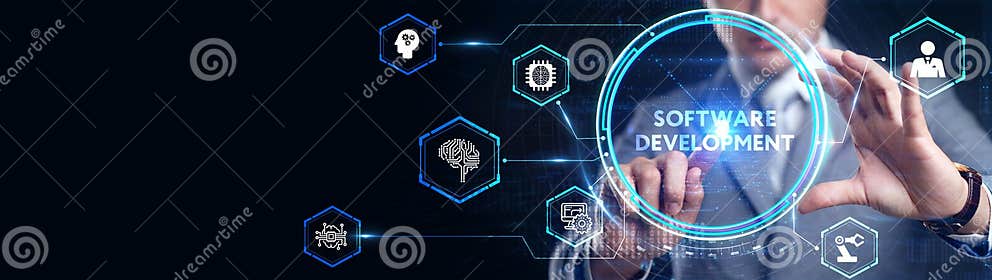 Inscription Software Development on the Virtual Display. Business, Modern Technology, Internet ...