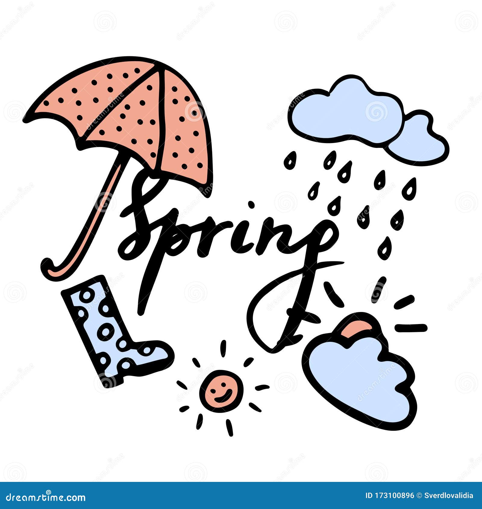 Inscription Spring in Hand Drawn Style. Umbrella, Rain Cloud ...