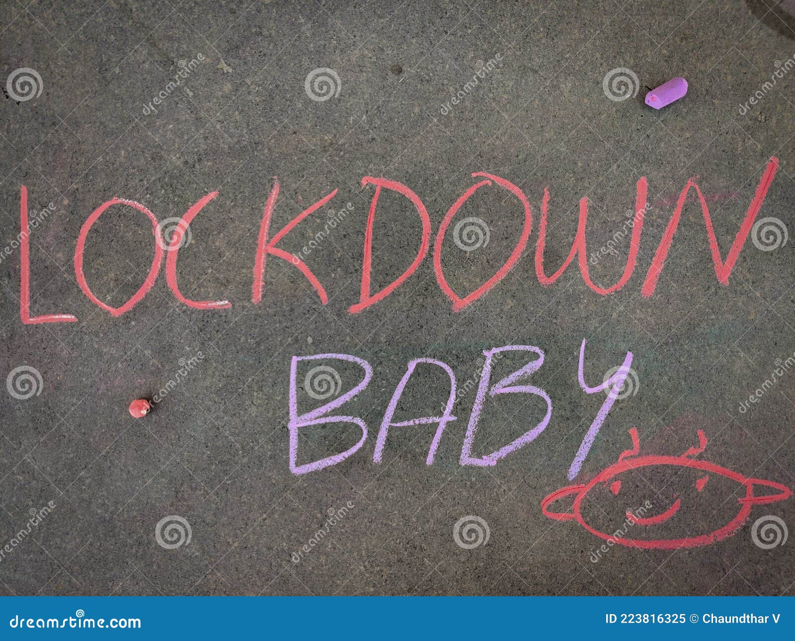 Lockdown Baby with Hand Drawn Baby Head. Using Color Chalk Pieces Stock ...