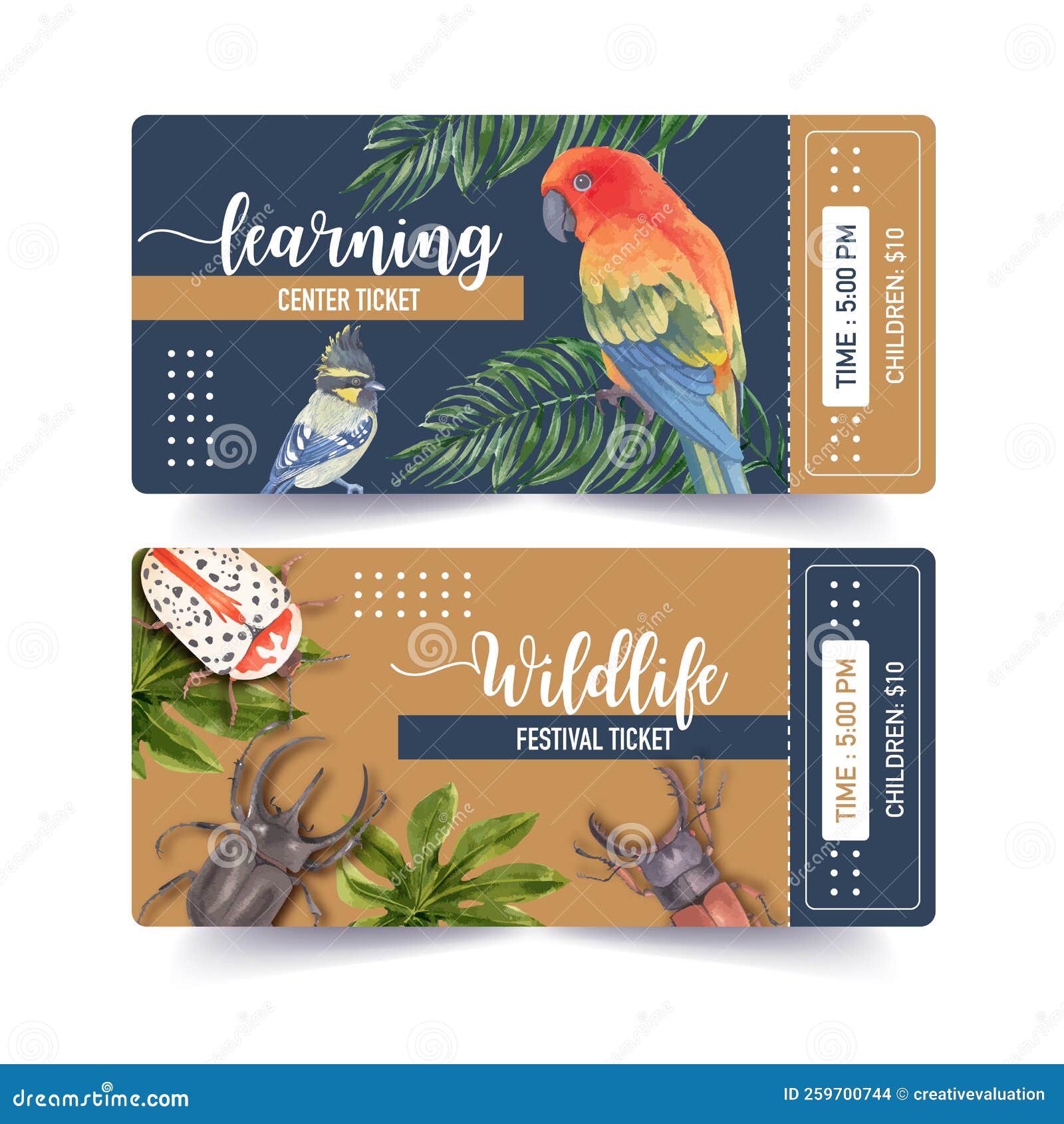 Insect and Bird Ticket Design with Blue Jay, Bug, Sun Conure Watercolor ...