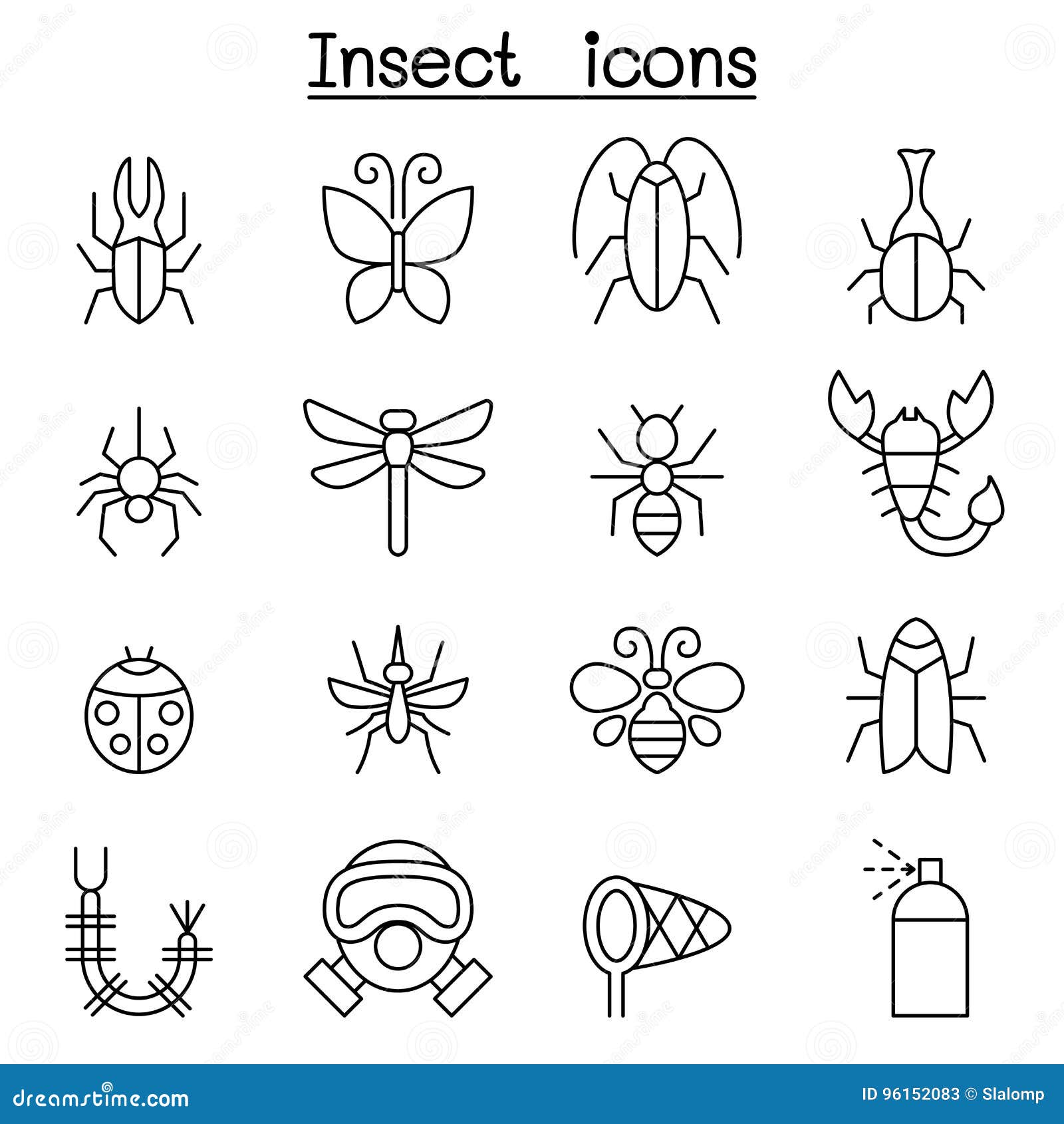 Insect Icon Set. Mantis Lady Bug Mosquito Butterfly Bee Grasshopper ...