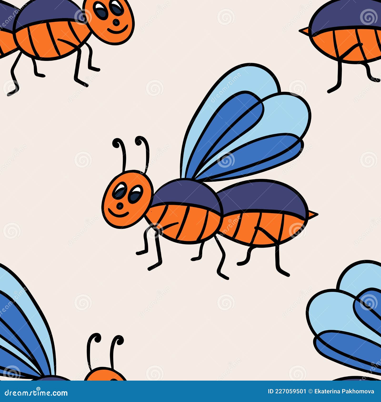 Seamless Pattern with Cartoon Doodle Linear Midge, Fly Stock Vector ...