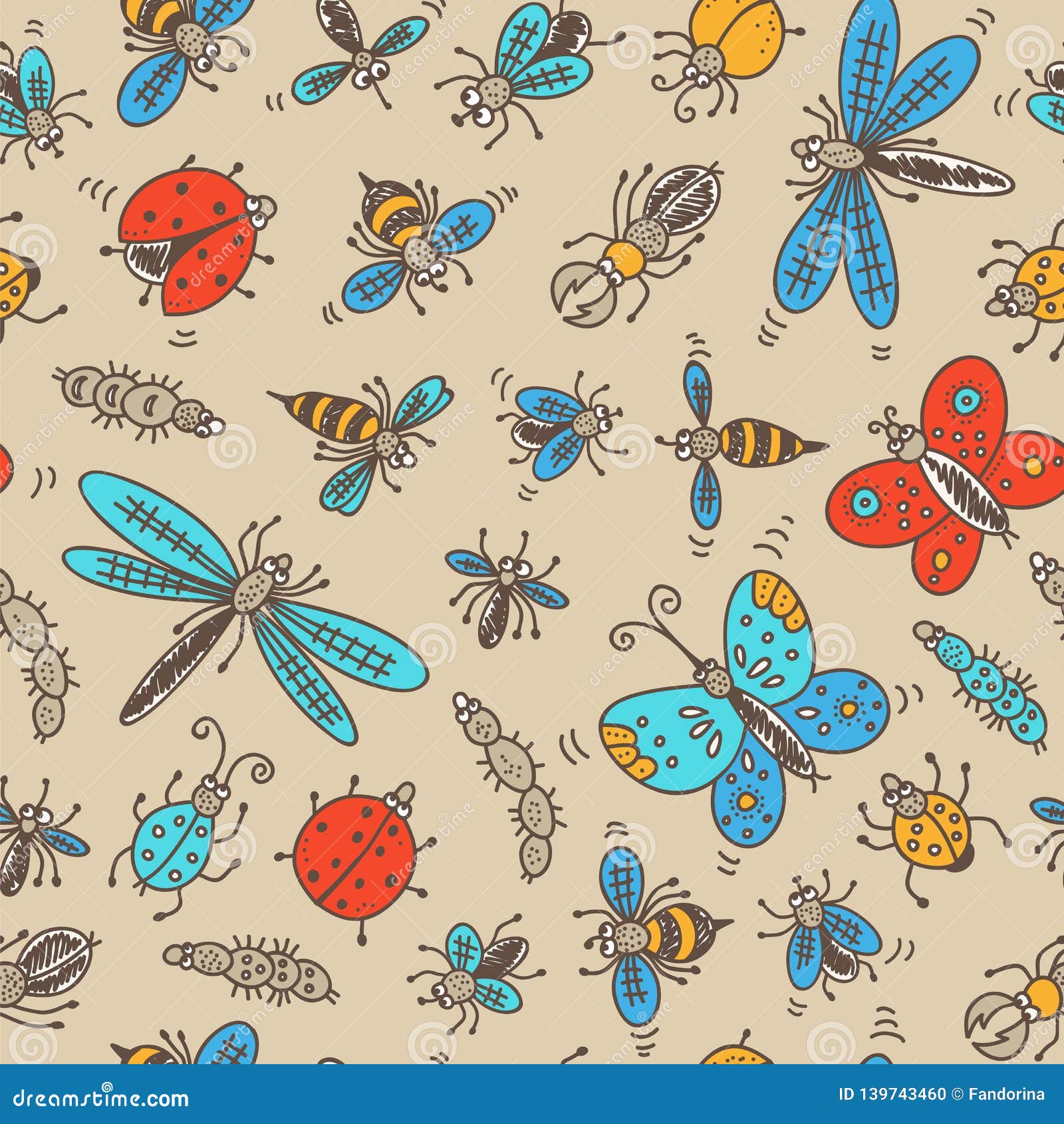 Insects doodle pattern stock vector. Illustration of cartoon - 139743460