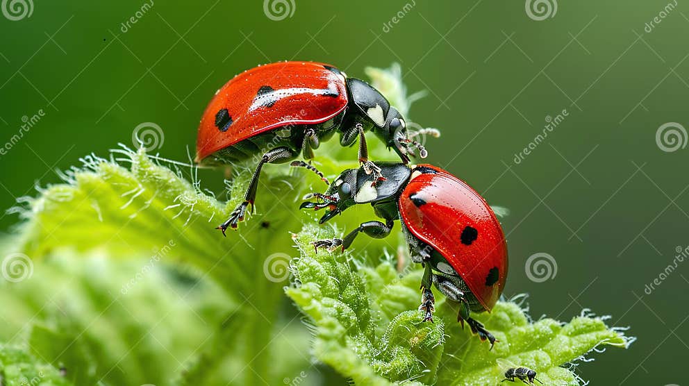 Two Ladybugs Interacting on a Green Leaf Stock Illustration ...