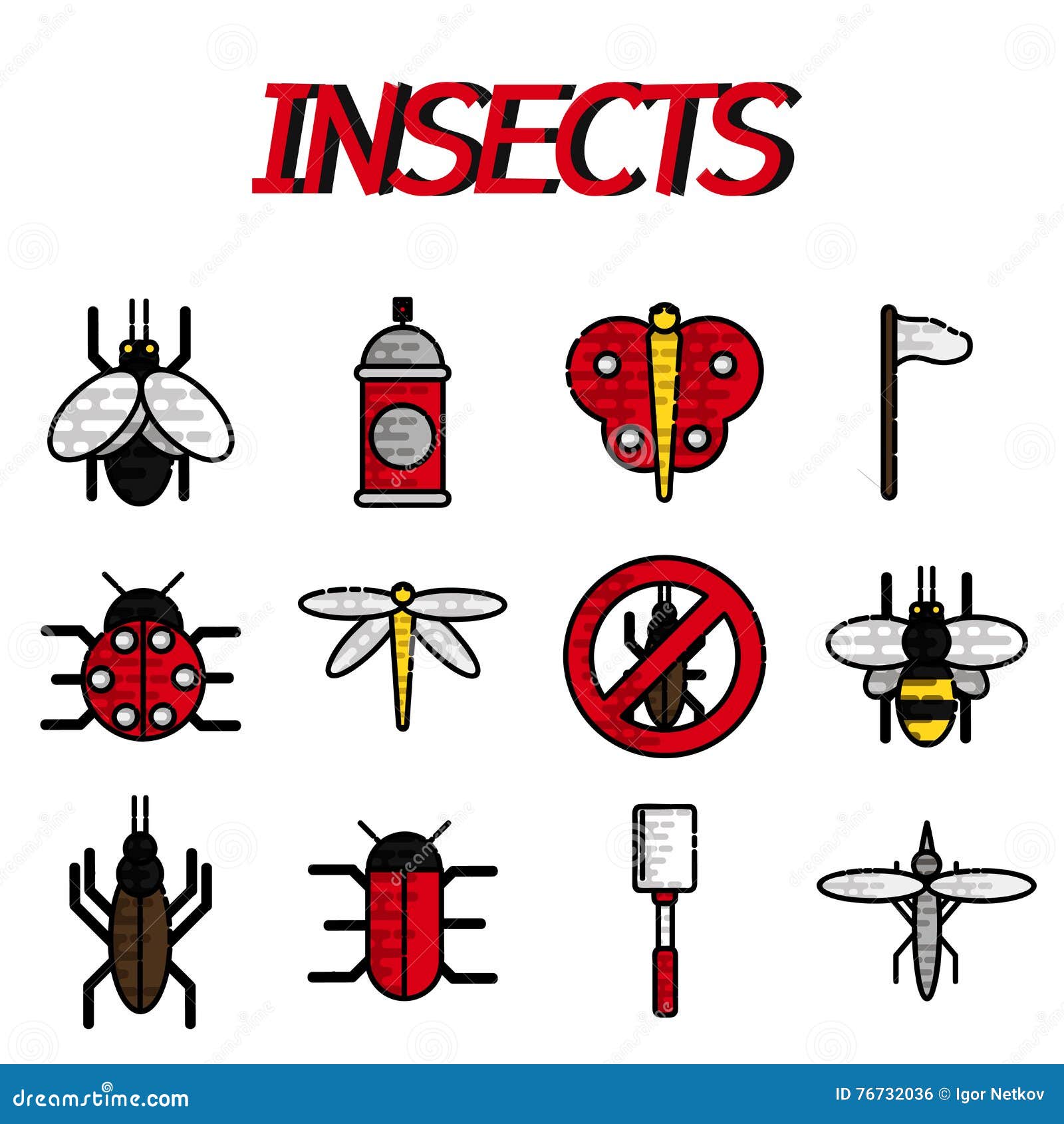 Insects flat icons set stock vector. Illustration of animal - 76732036