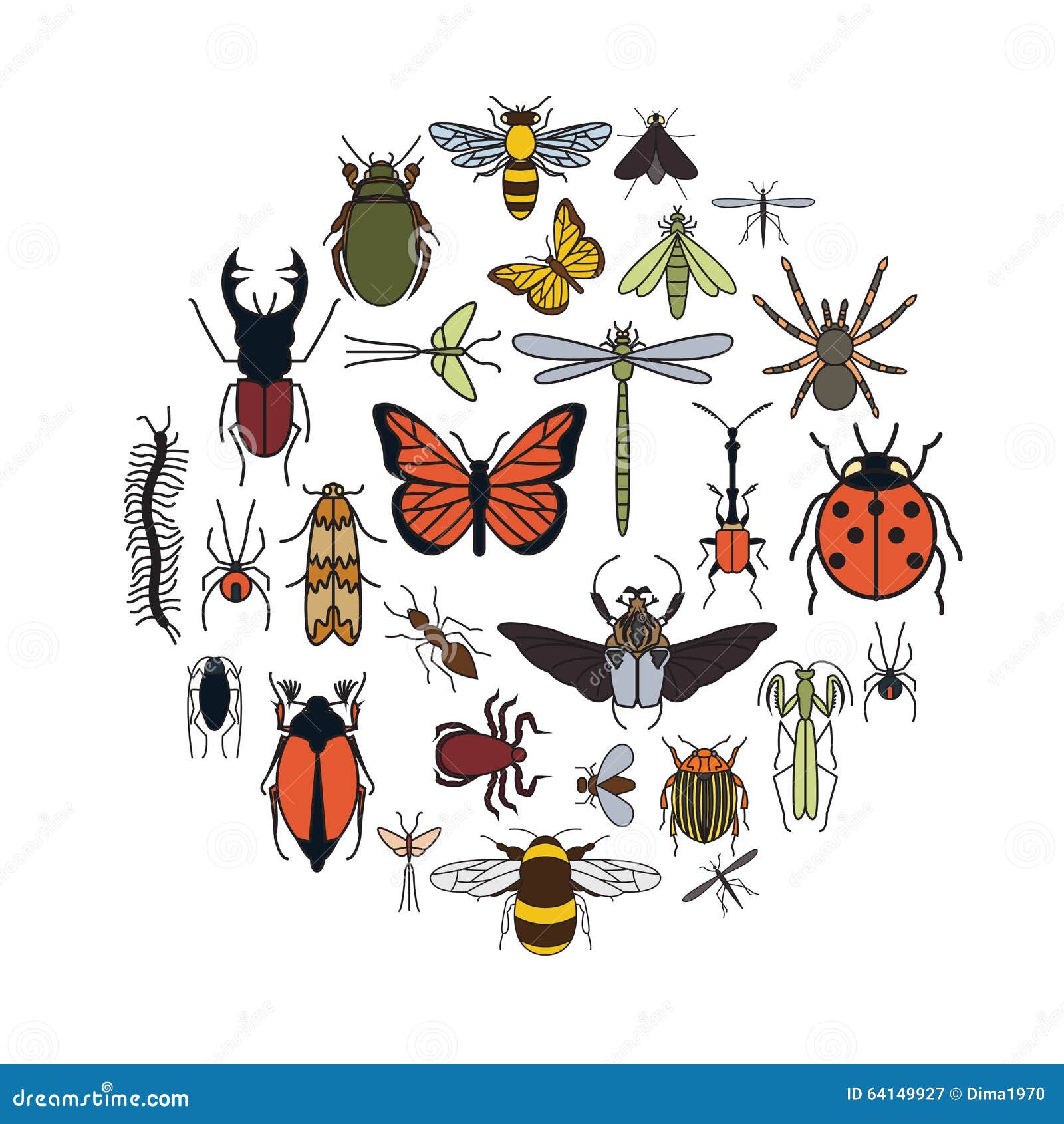 Insects Icon Flat Style. 24 Pieces in Set Stock Vector - Illustration ...