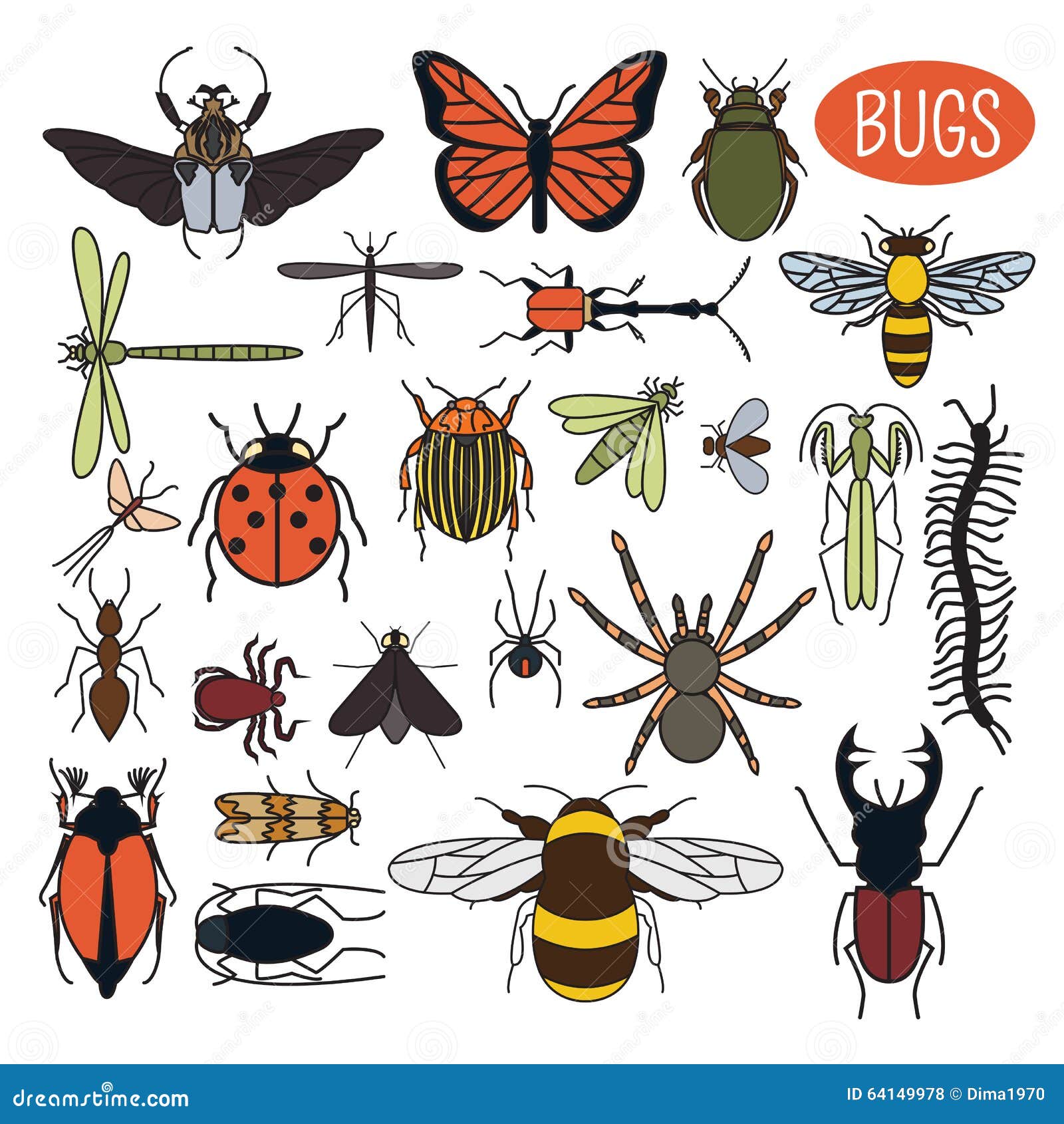 Insects Icon Flat Style. 24 Pieces in Set Stock Vector - Illustration ...
