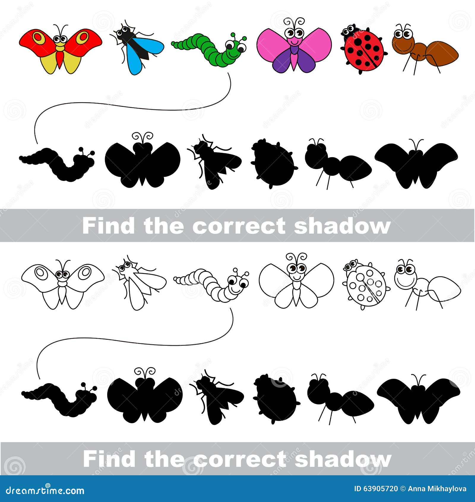 Insects Set. Find Correct Shadow. Stock Vector - Illustration of ...