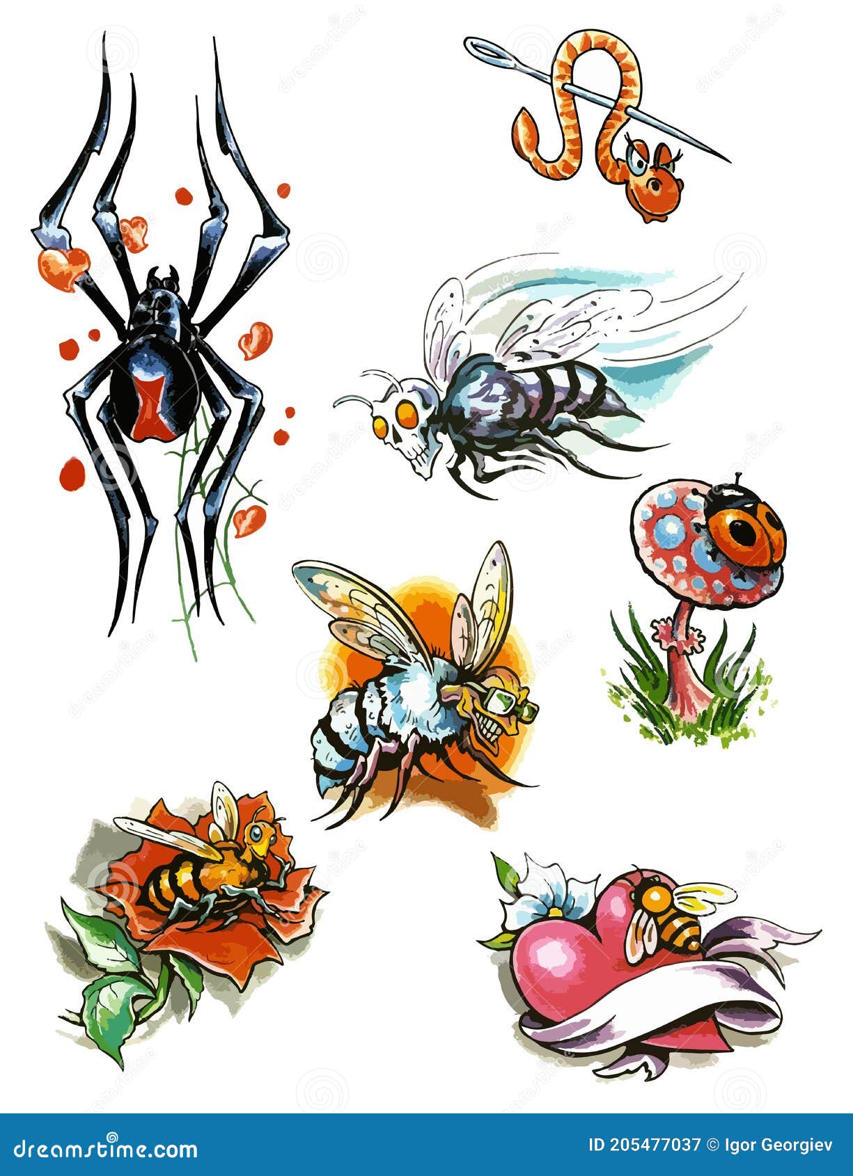 Insects Tattoo Set. Set of Labels and Elements. Vector Set Illustration ...