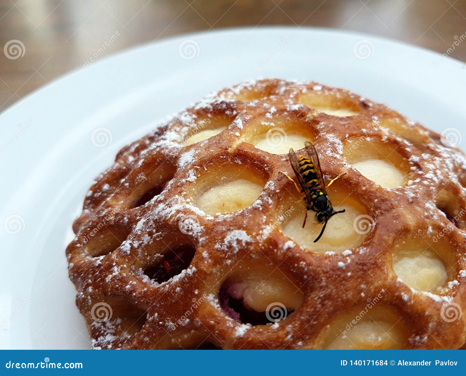 Insects, Wasp Sits on the Small Basket Cake with a Pudding, Jam and ...