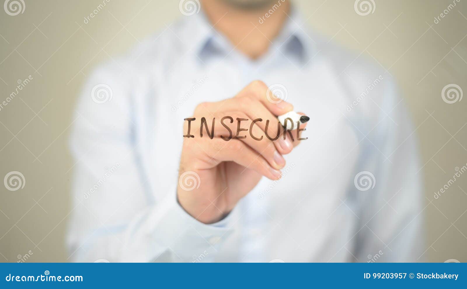 Insecure, Man Writing on Transparent Screen Stock Image - Image of ...