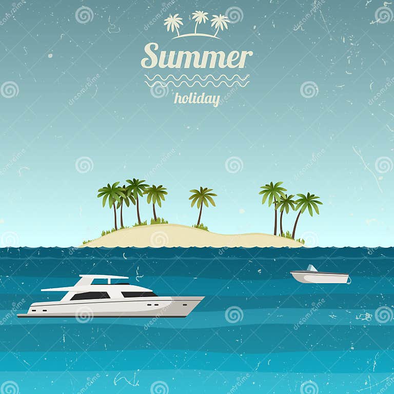 Insel mit Booten im Meer vektor abbildung. Illustration von palme ...