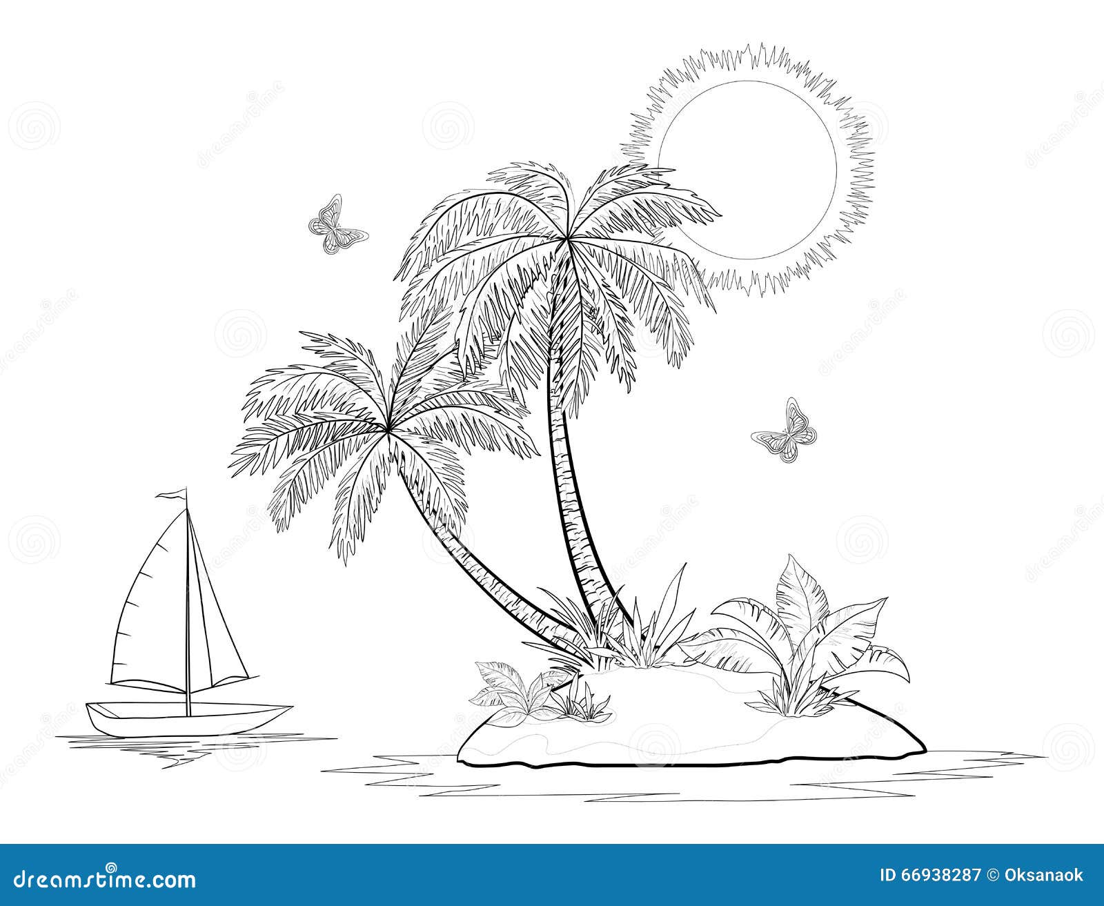 Insel Mit Palme, Schiff Und Schmetterlingen Vektor Abbildung ...