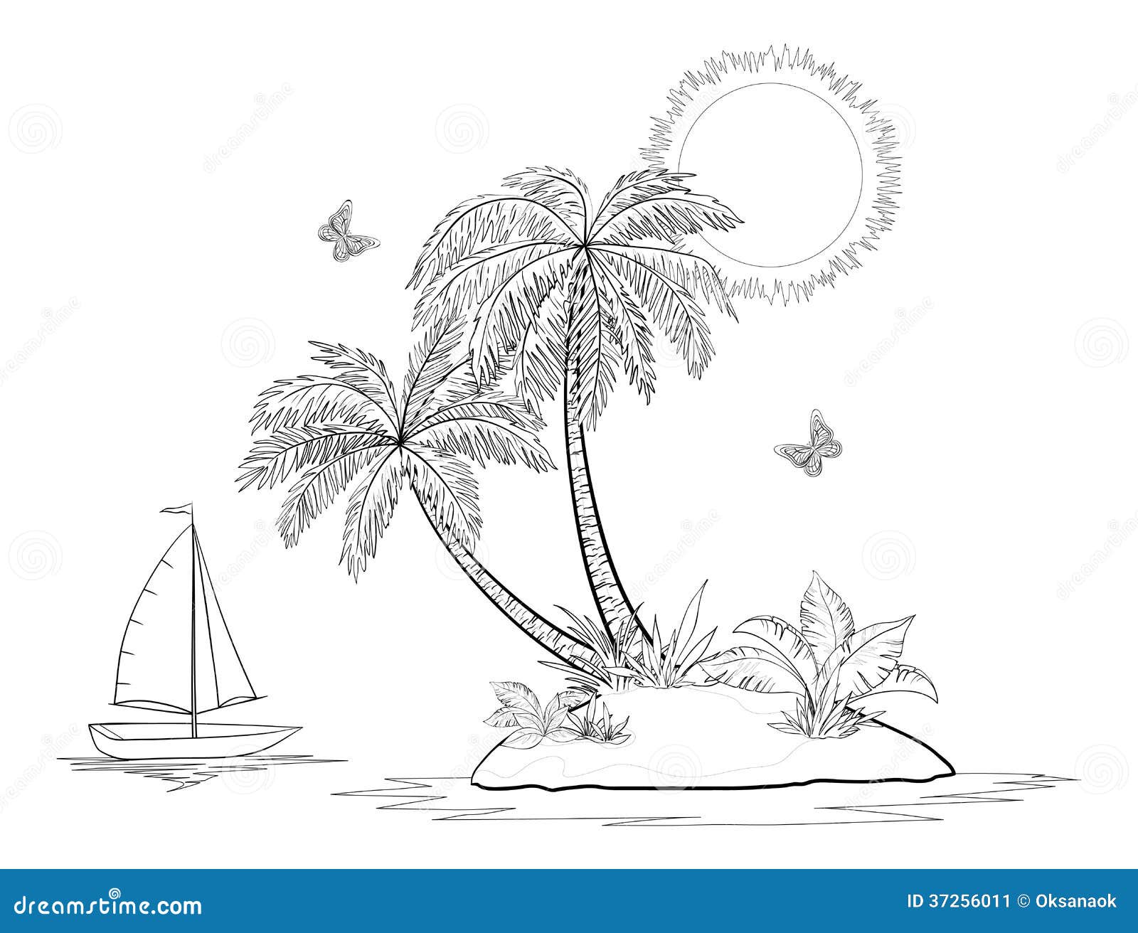 Insel Mit Palmen- Und Schiffskonturen Vektor Abbildung - Illustration ...