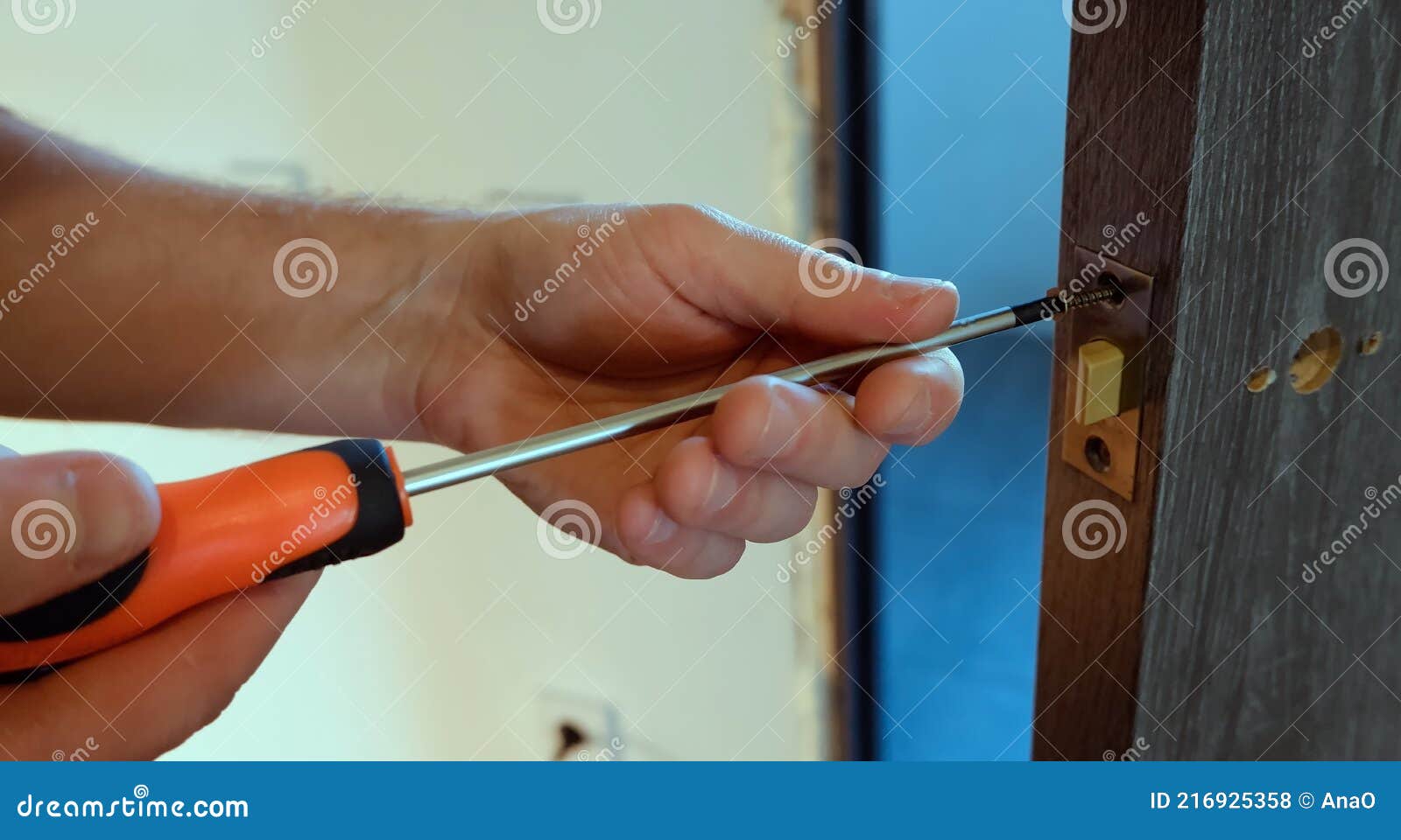 Insert of Latch and Handle into the Interior Door. Close-up View of the ...