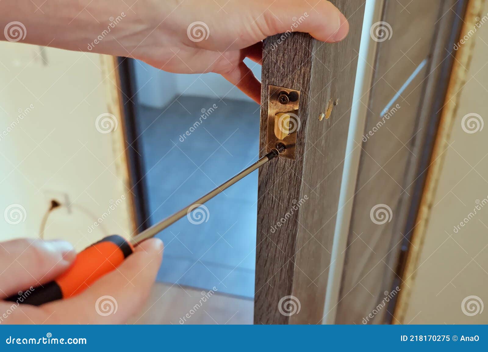 Insert of Latch and Handle into the Interior Door. Close-up View of the ...