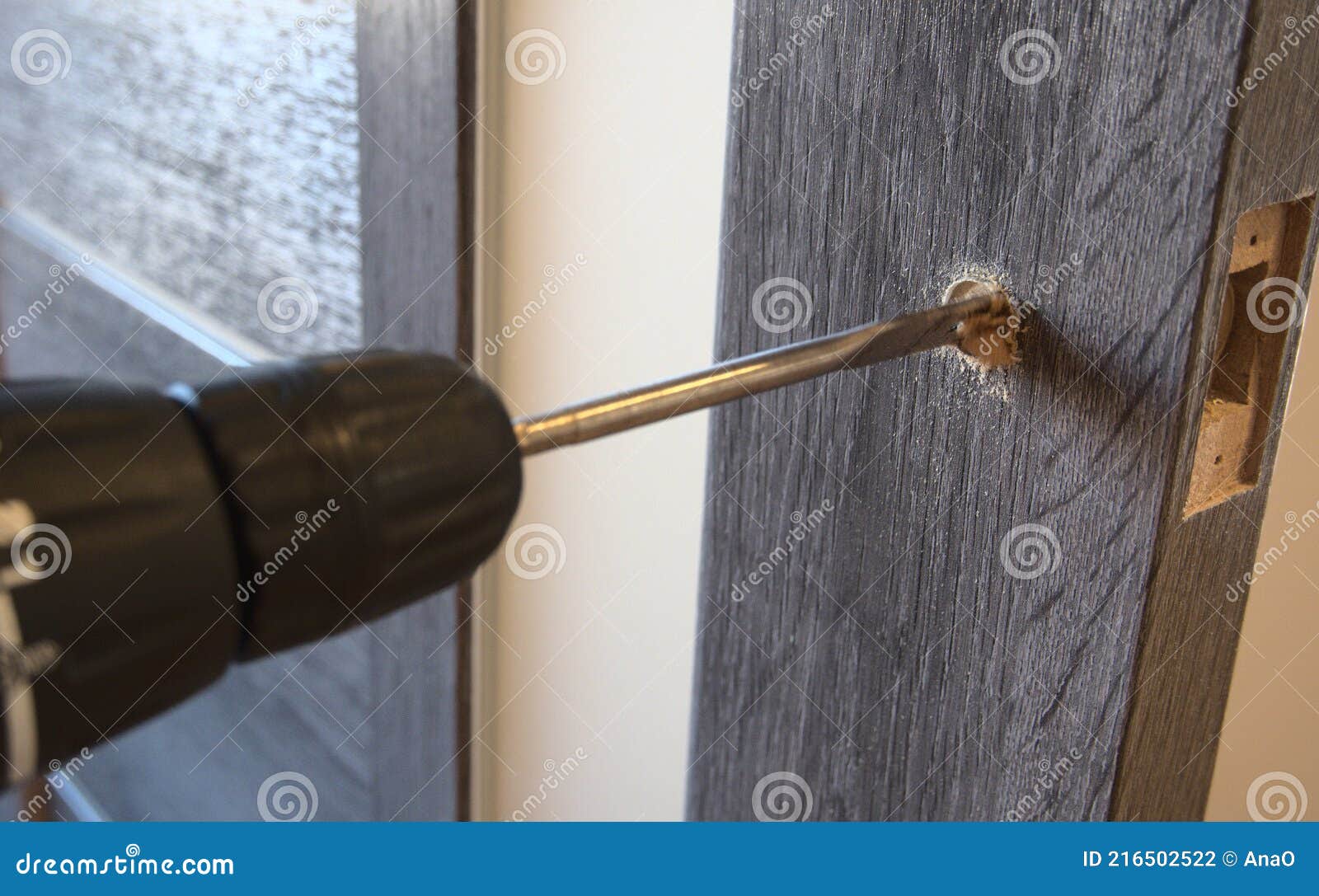 Insert of Latch and Handle into the Interior Door. Close-up View of the ...