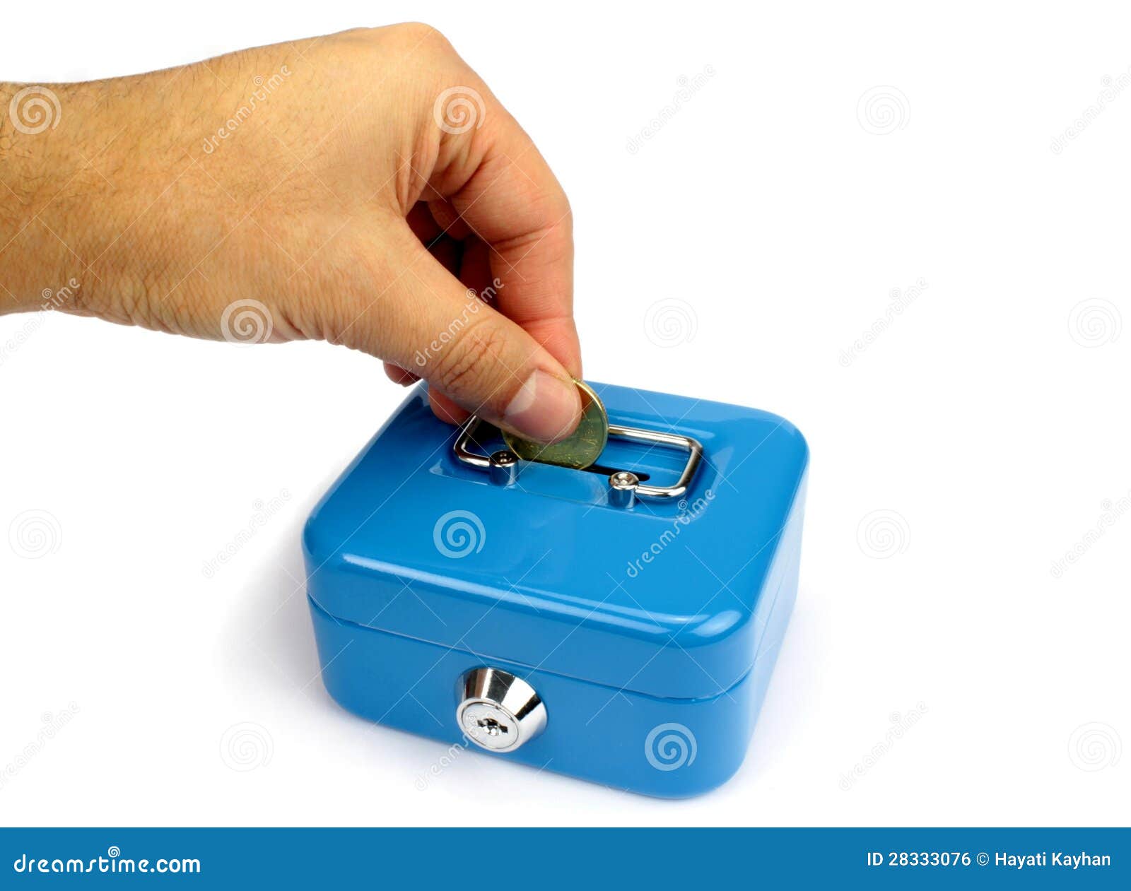 Inserting Coin in Blue Money Box Stock Photo - Image of blue, hand ...