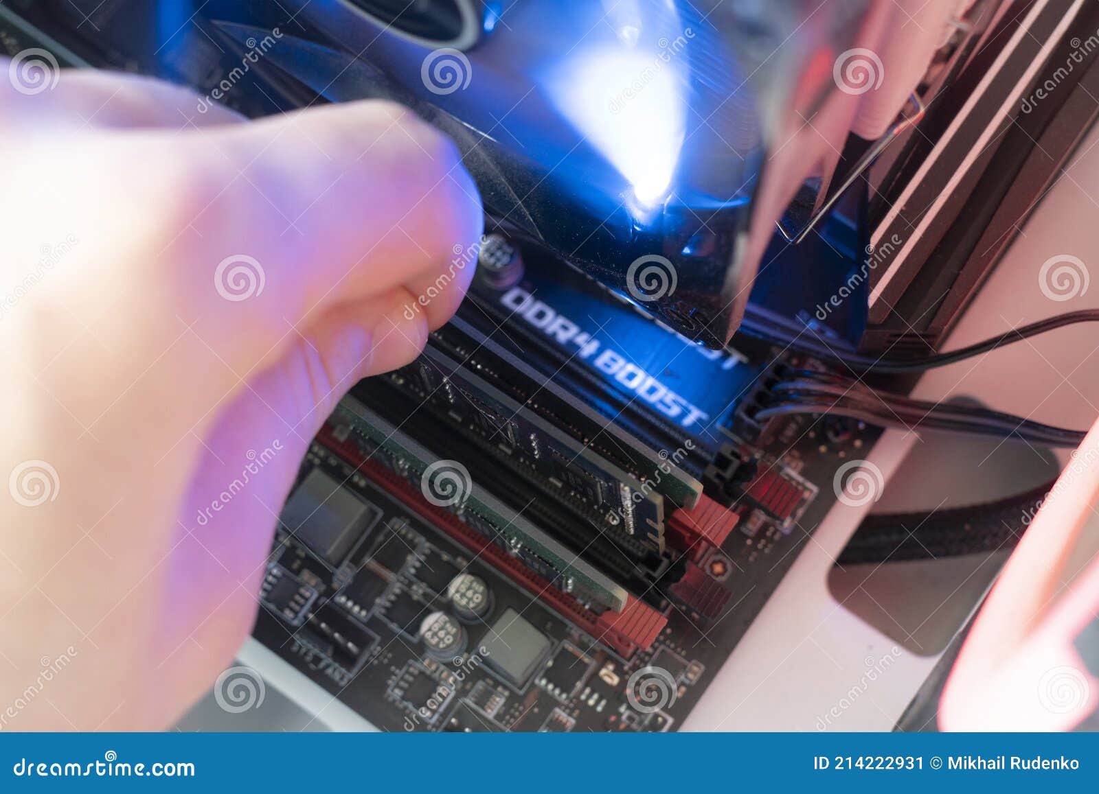 The Inserting Plug in the Ram Ddr Memory Card in the Computer Mainboard, Random Access Memory ...