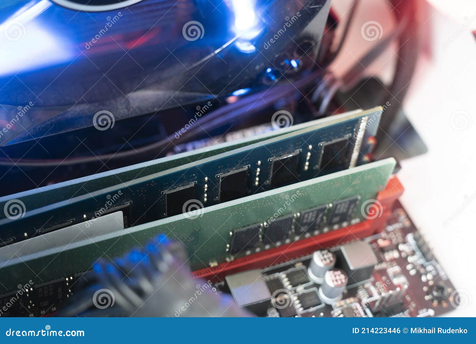 The Inserting Plug in the Ram Ddr Memory Card in the Computer Mainboard ...