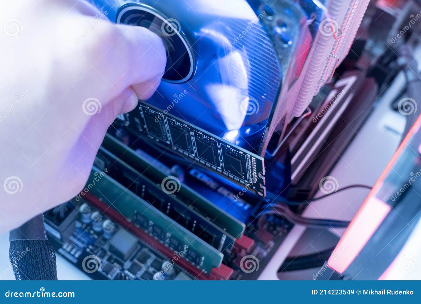 The Inserting Plug in the Ram Ddr Memory Card in the Computer Mainboard, Random Access Memory ...