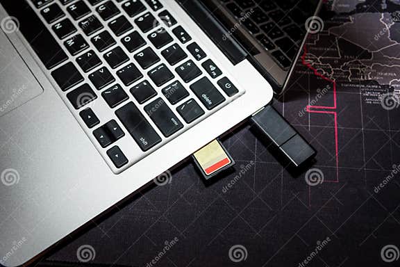 Inserting Sd Card,USB Flash Memory Drive Plugged into a Computer Laptop ...