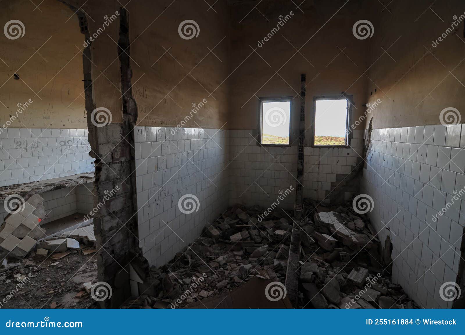 Inside of an Abandoned and Damaged Building Stock Photo - Image of blue ...