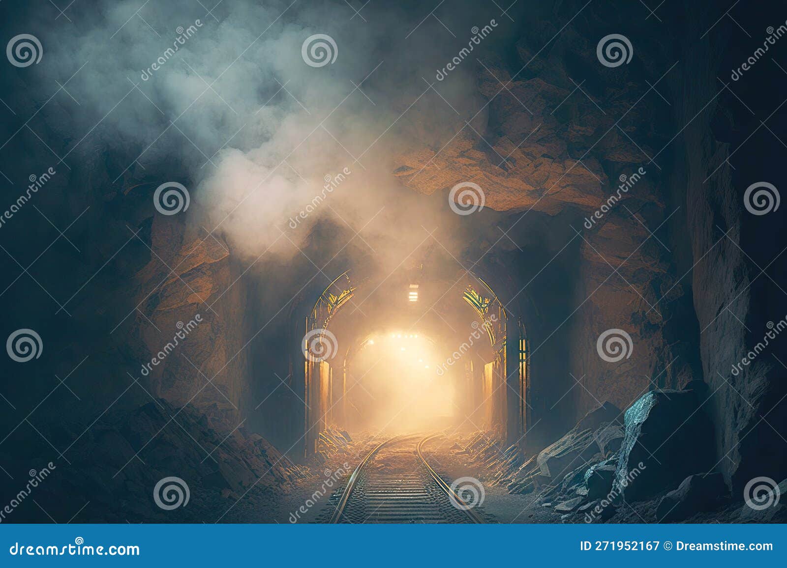 Inside Abandoned Shaft Tunnel, Coal Mine Cave With Smoke And Mist ...