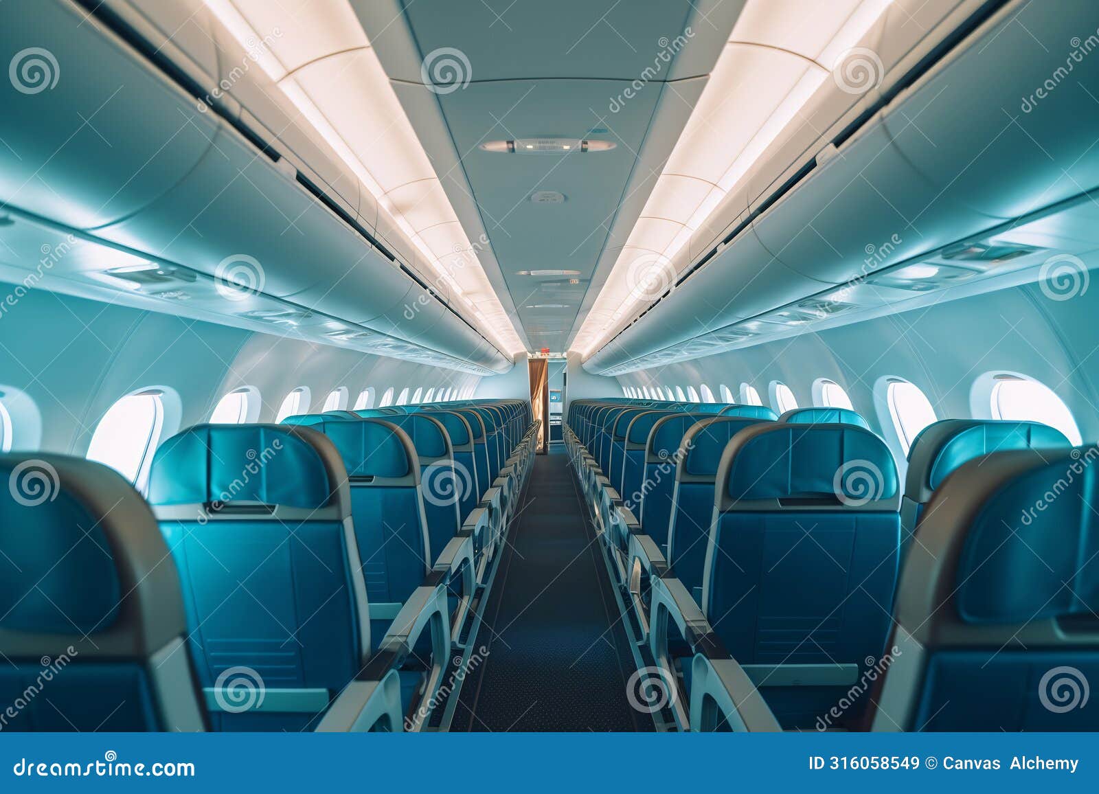 Inside of an Airplane with Blue Seats Stock Image - Image of modern ...