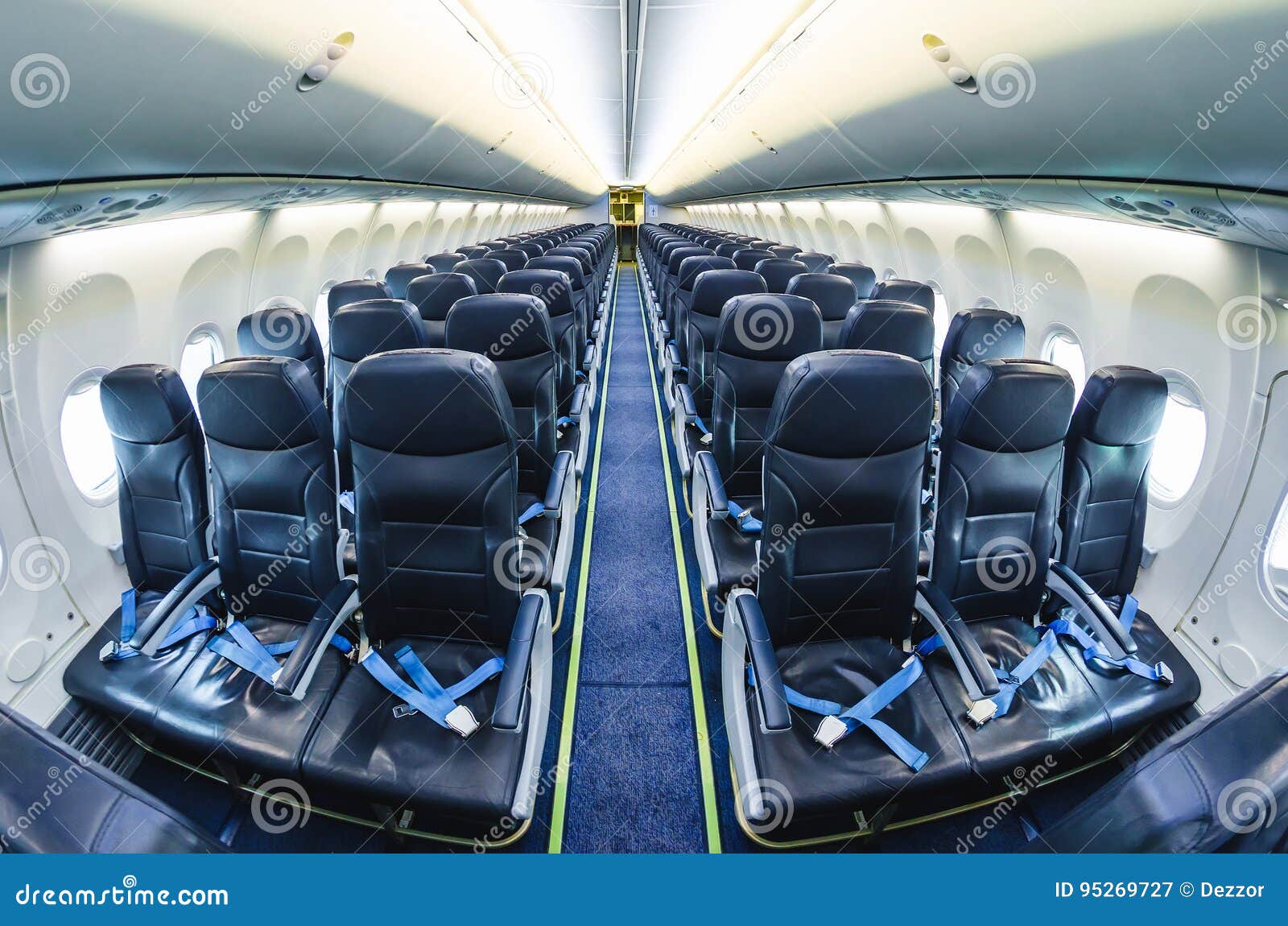 Inside Airplane Light View in Passenger Seats. Stock Image - Image of ...