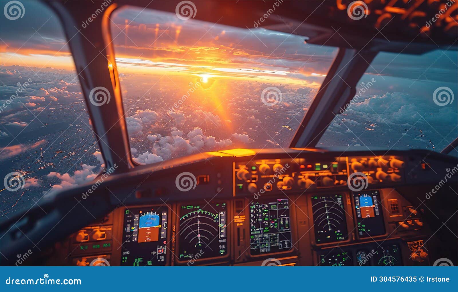 Inside of Airplane Pilot Cabin and Sunset View during the Landing Stock ...