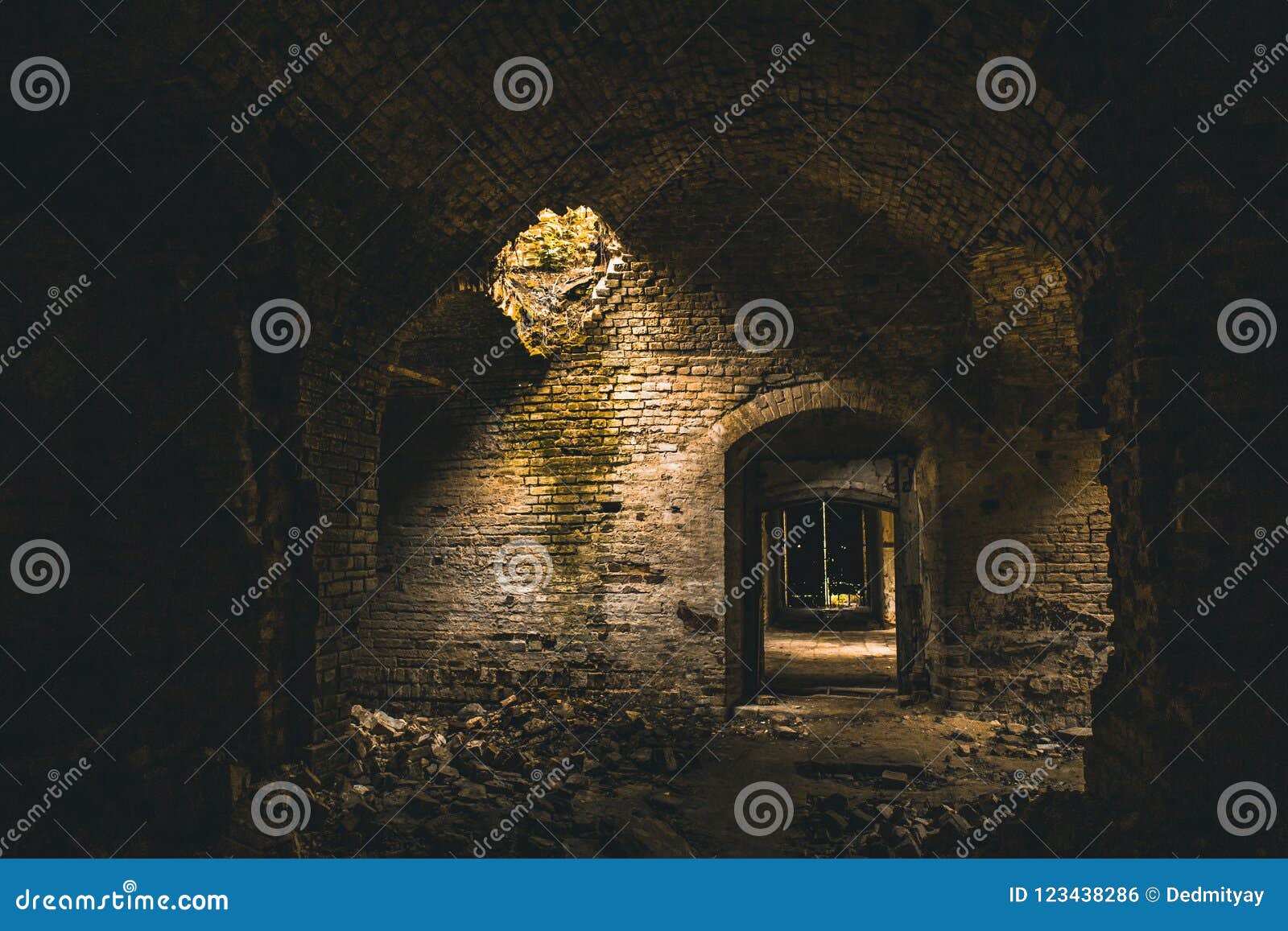 Inside Ancient Ruined Medieval Brick Temple Interior With Arches And ...
