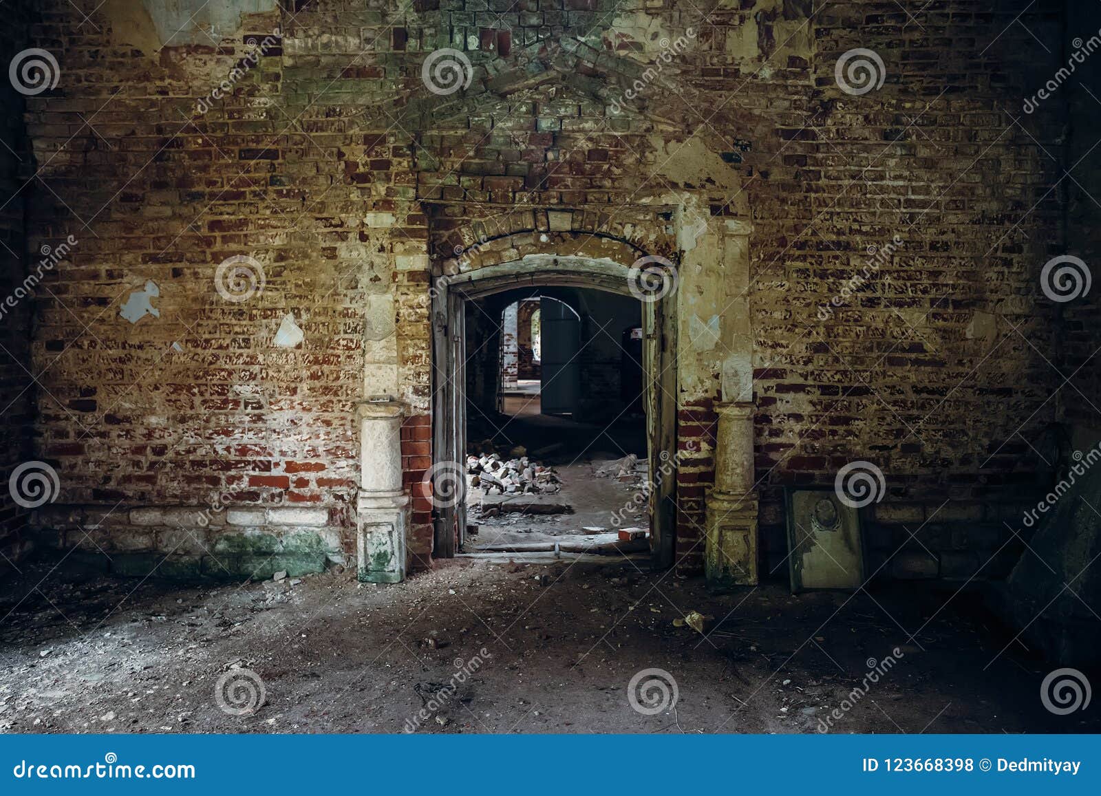 Inside Ancient Ruined Medieval Brick Temple Interior with Arches and ...