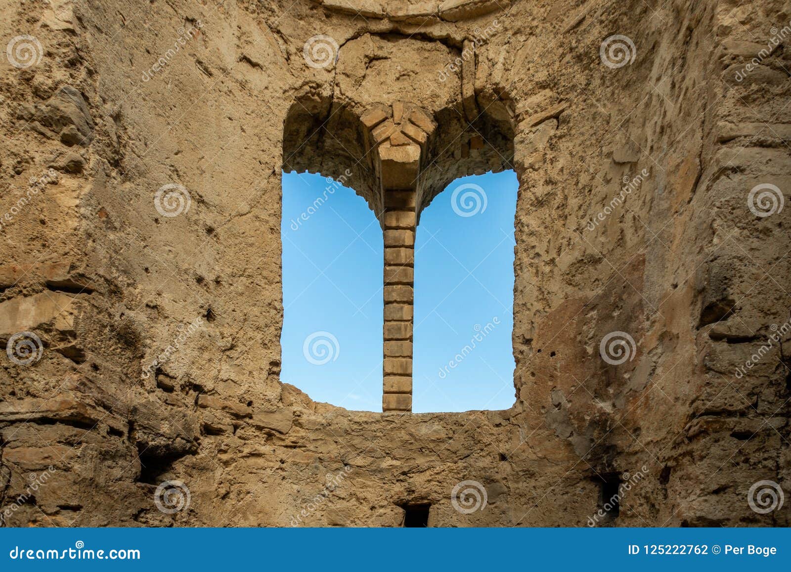 Inside Of Ancient Stone Brick Ruin Building With Arched Window And Blue ...