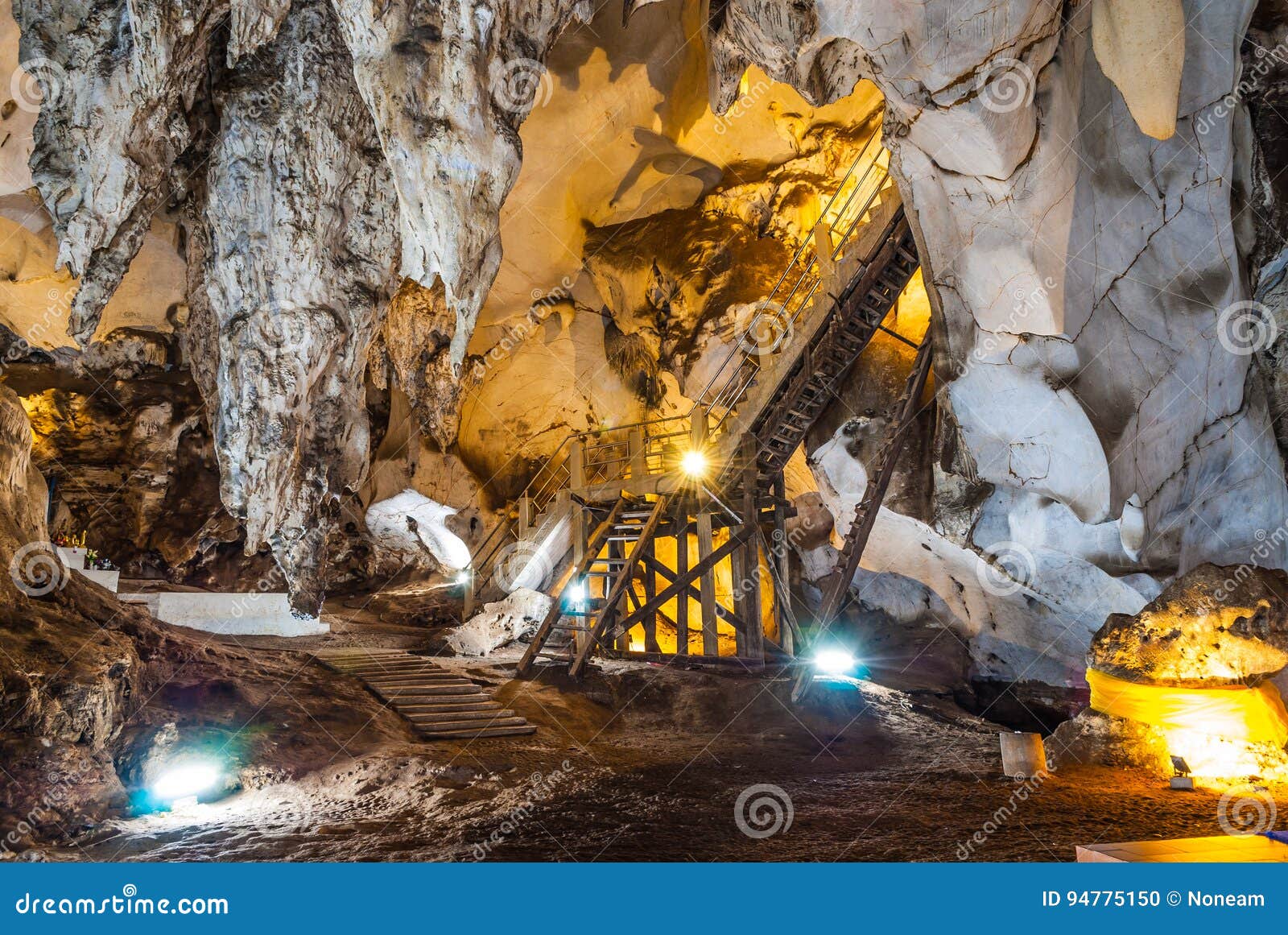 Inside Beautiful Cave with Stairway and Lighting Stock Photo - Image of ...